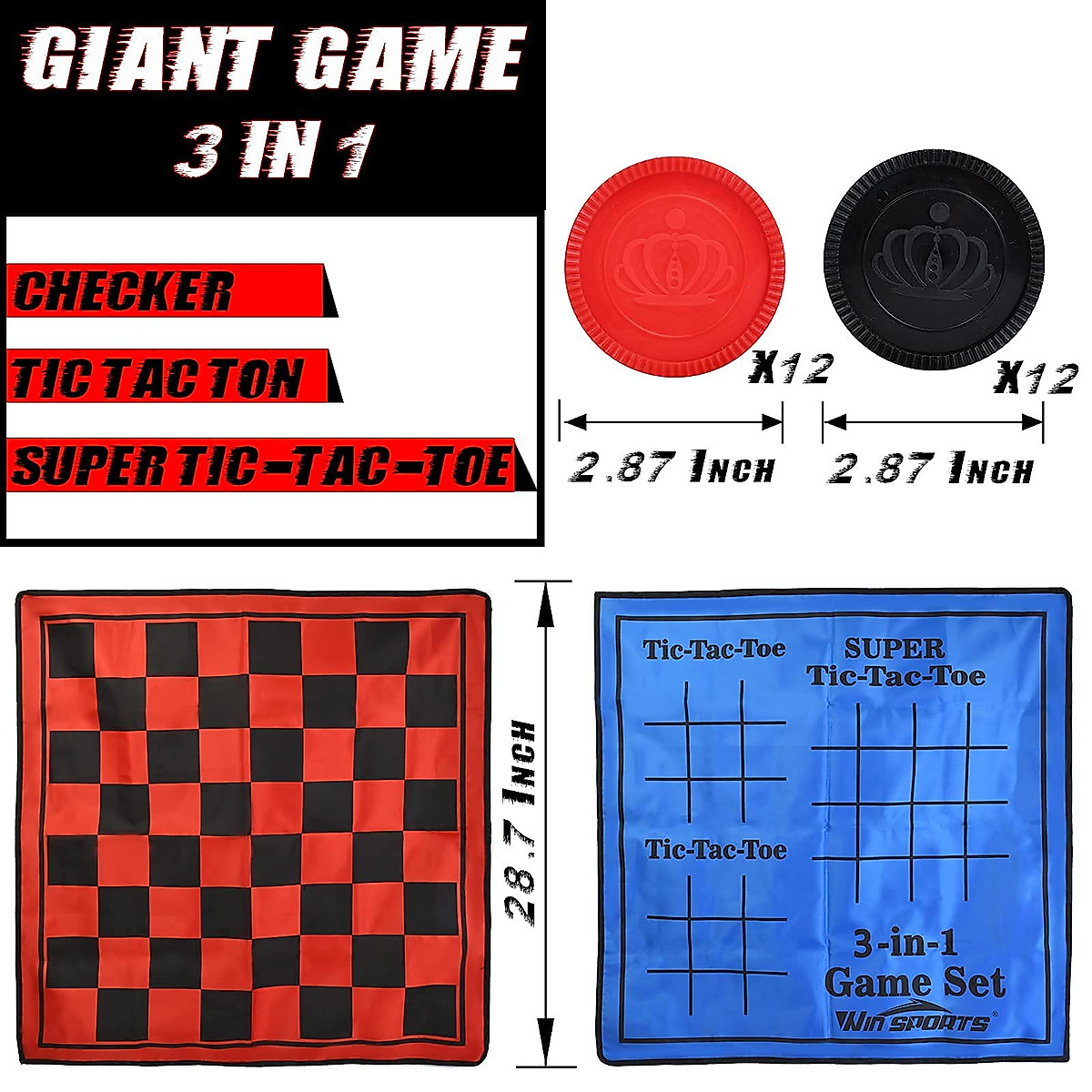 Win SPORTS 3 in 1 Giant Checkers Game Set,Super Tic Tac Toe,Including Reversible Rug with 24 Checkers,Indoor and Outdoor Activity for Kids or Adults,Board Game,Yard Game