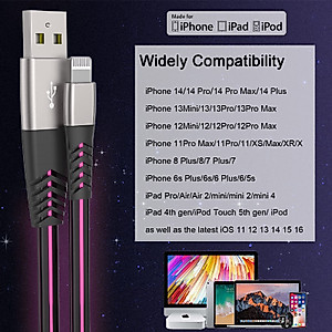 LED [Apple MFi Certified] iPhone Charger, Led Breathing Light Lightning Cable Fast Charging Cord for iPhone 14 Pro Max13/12/11 Pro Max/Mini/XS MAX/XR/XS/X/8/7/Plus iPad AirPods 6ft,RGB