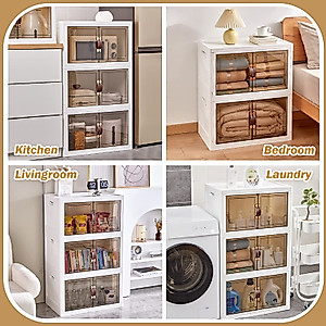 SYNCVIBE Stackable Storage Bins With Lids and Double Doors 3 Pack Plastic Storage Box Collapsible Organizer with Wheels Large Folding Storage Containers for Home Organization (3-pack, 8.4 Gal-white)