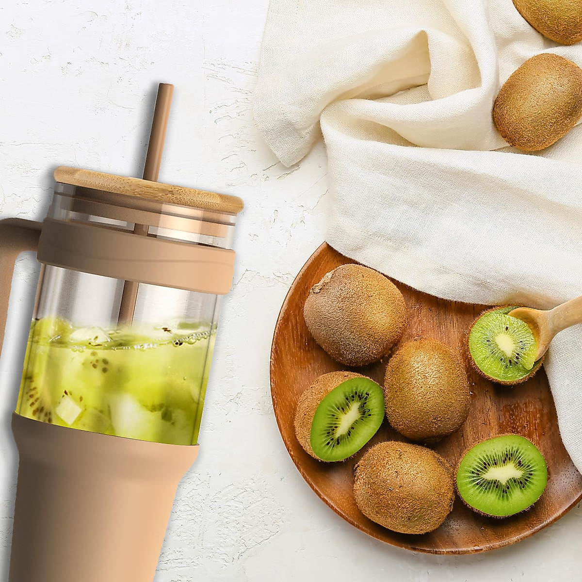 Tronco 40 oz Glass Tumbler with Handle, Reusable Glass Tumbler with Straw and Lid, Iced Coffee Cup with Bamboo Lid, Glass Water Bottles Fit in Cup Holder, Smoothie Cup