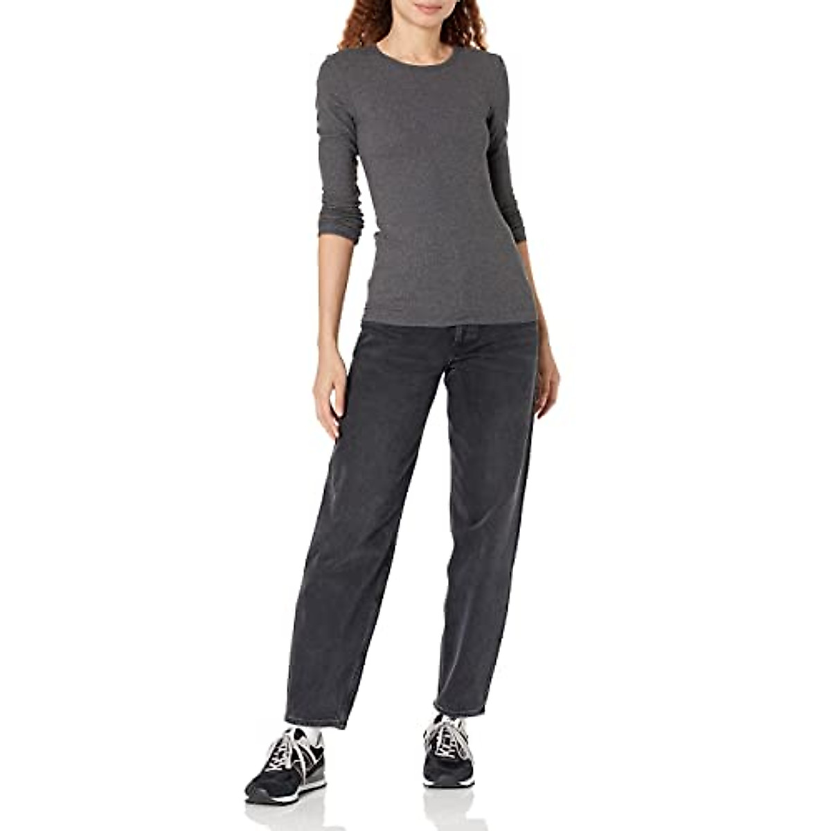 Amazon Essentials Women's Slim-Fit Layering Long Sleeve Knit Rib Crew Neck (Available in Plus Size), Pack of 2, Black/Charcoal Heather, Large