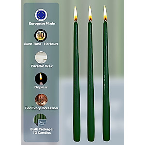 Hyoola 12 Pack Tall Taper Candles - 12 Inch Hunter Green Dripless, Unscented Dinner Candle - Paraffin Wax with Cotton Wicks - 10 Hour Burn Time