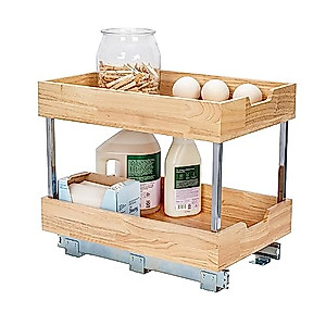 Household Essentials 2 Tier Pull Out Cabinet Organizer, Solid Wood Basket, Fully Extending Gliders, Bottom Cabinet Organizer, Heavy-Duty, Natural Finish and Chrome