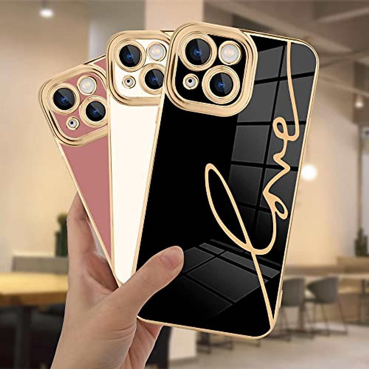 Bonoma Compatible with iPhone 14 Plus Case Love Letter Graphic Plating Electroplate Luxury Elegant Case Camera Protector Soft TPU Shockproof Protective Back Cover iPhone 14 Plus Case -Black
