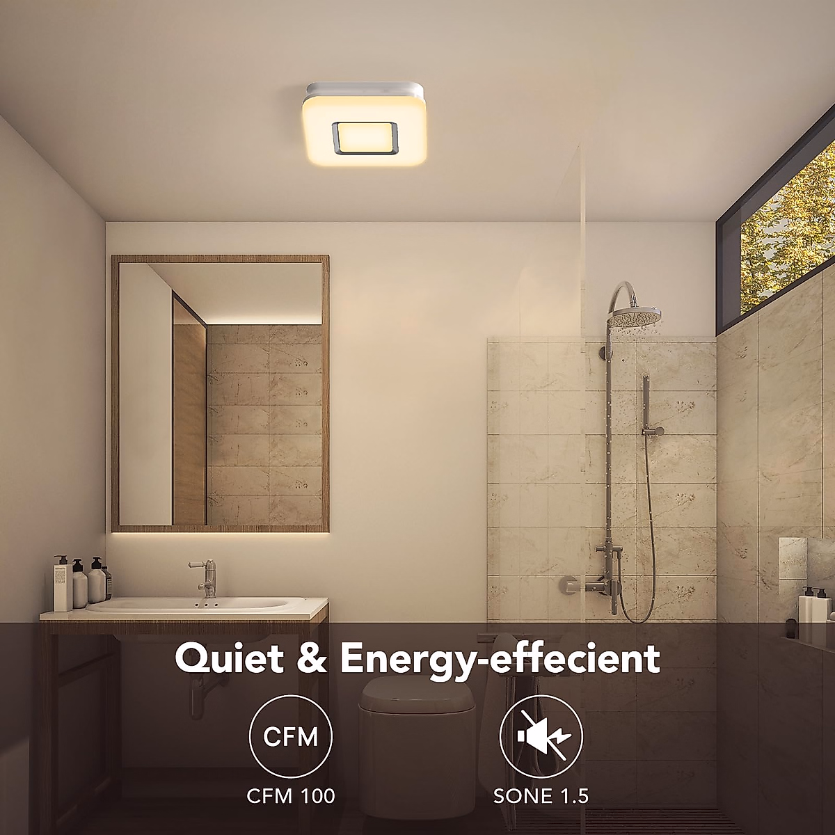 OREiN Bathroom Exhaust Fan with Light, 100 CFM 1.5 Sones, 25W Bathroom Vent Fan with Light, 1500lm LED Light 3000K/4000K/5000K Selectable & Nightlight, FCC/ETL Listed, Bath Fan for Home, White