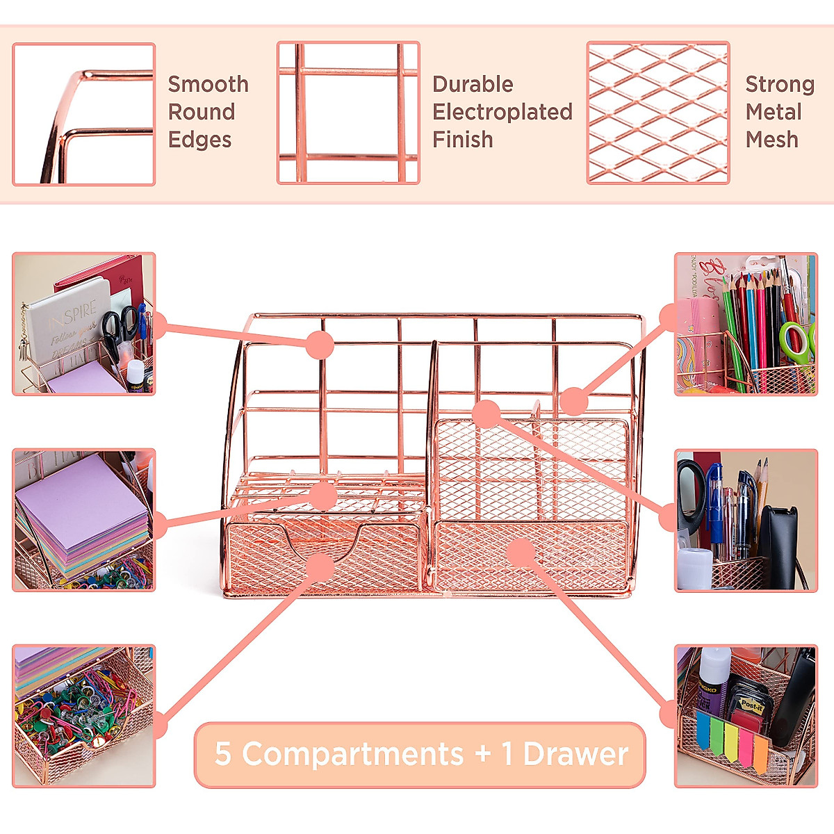 Rose Gold Desk Organizer for Women Cute Home Office Accessories & Supplies Decor, Girly Desktop Stationary Essentials Organization Set, Mesh Caddy Storage 5 Compartments +1 Mini Sliding Drawer