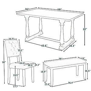 Woanke Piece Wooden Table Set with Upholstered Bench and 4 Dining Chairs, Special-Shaped Legs Seat Backs& Beige Cushions, Gray Foam-Covered 6 Pcs