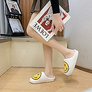 PLMOKN Smile Face Slippers,Retro Soft Plush Lightweight House Slippers Slip-on Cozy Indoor Outdoor Slippers,Slip on Anti-Skid SoleWhite01 10-11Women/9-10Men