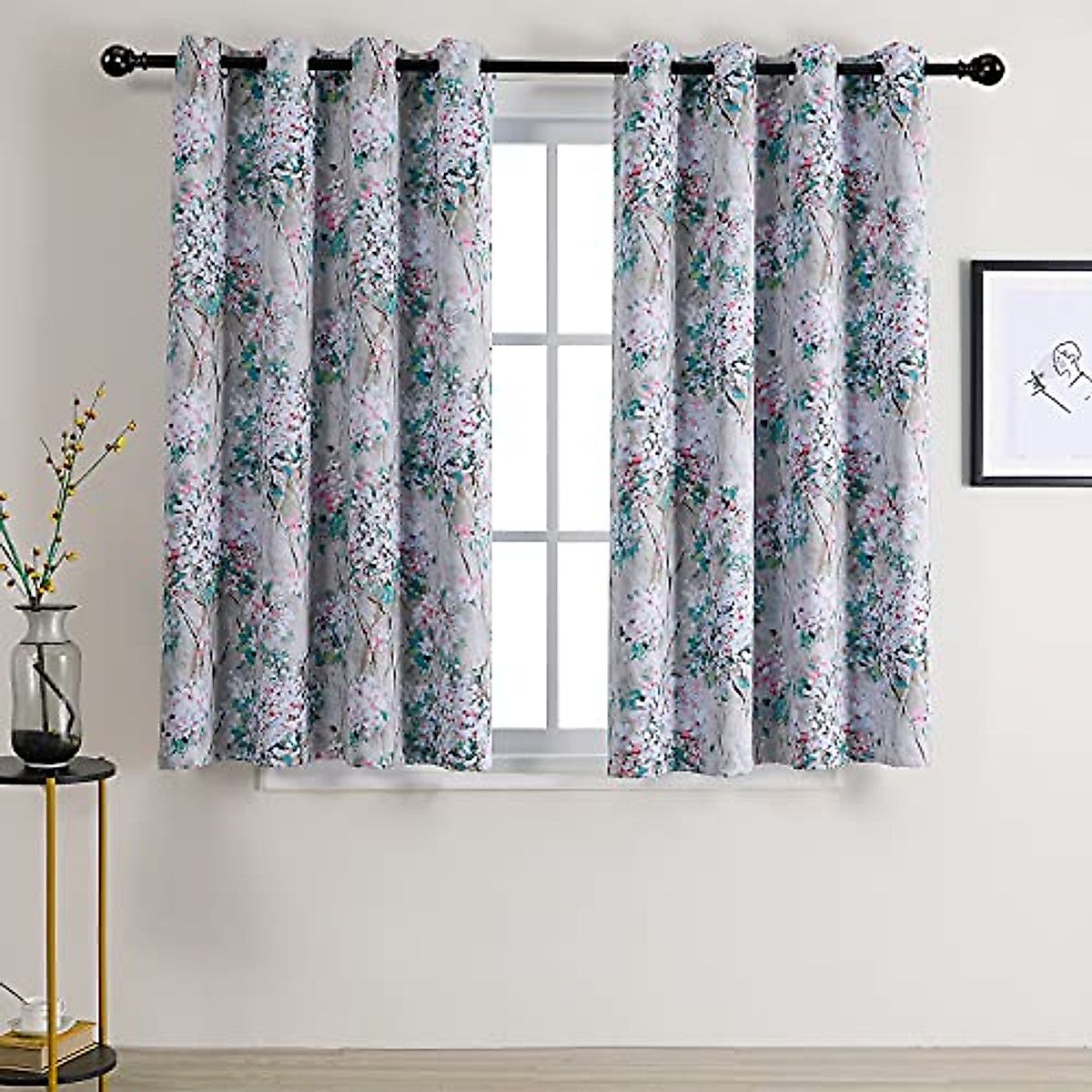 MYSKY HOME Floral Blackout Curtains 72 inches Long Pink and Blue Curtains Farmhouse Curtains Room Darkening Window Curtains for Living Room Printed Flower Leaves Grommet Curtains Panels