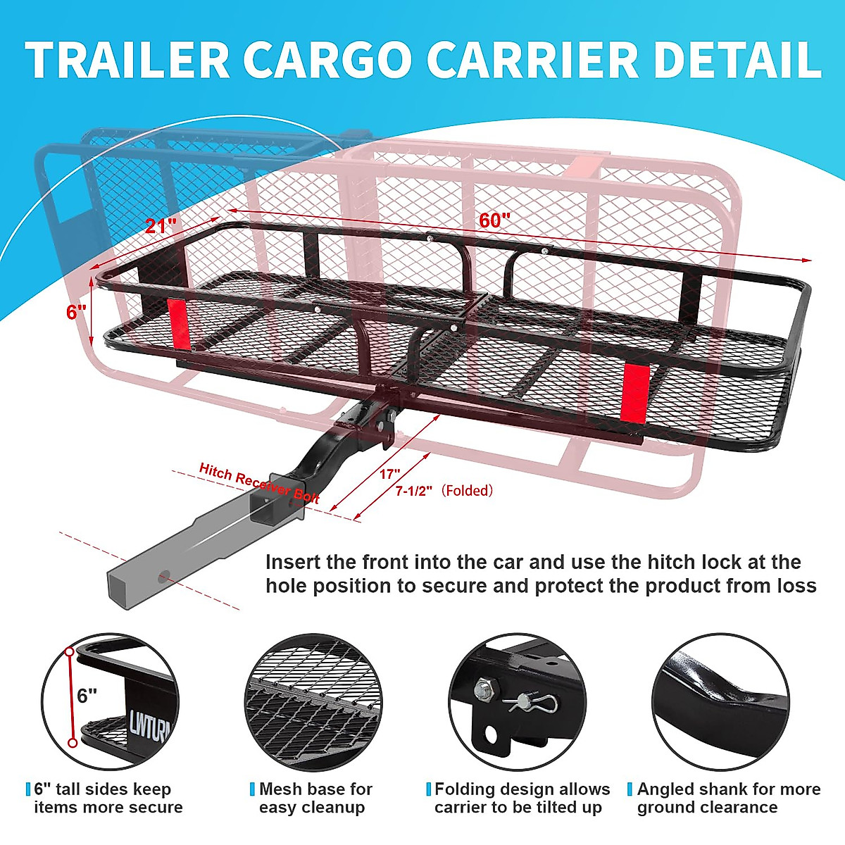 LWTURMRT 60"X21.6"X6" Hitch Cargo Carrier with Waterproof Cargo Bag(58"X20"X24"), Rust Resistant Baking Paint and Alloy Steel Material