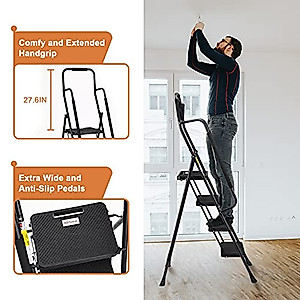 HBTower 4 Step Ladder with Handrails, 330 lbs Folding Step Stool with Attachable Tool Bag & Anti-Slip Wide Pedal for Home Kitchen Pantry Office (4-Step)