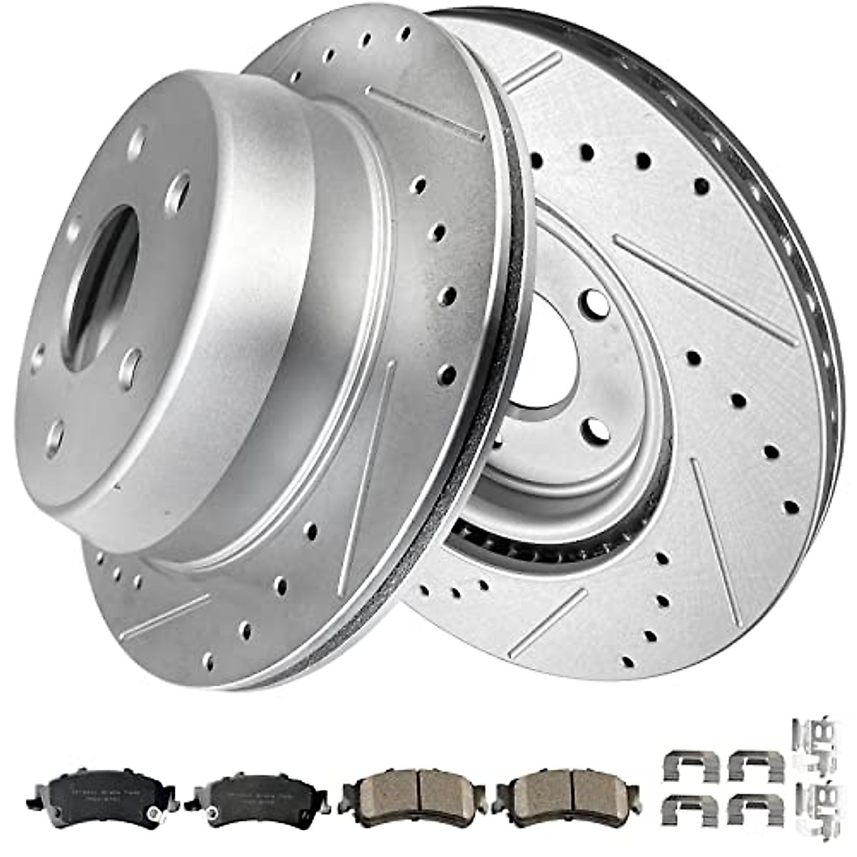 WEIZE Rear Truck & Tow Brake Rotors Kit, Carbon Fiber Ceramic Brake Pads and Drilled/Slotted Brake Discs, Fit for Chevy Silverado GMC 1999-2006