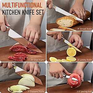 Topfeel Knife Set for Kitchen with Block, Sharp Knife Set 6 Piece, High Carbon Mirror Polishing Stainless Steel Chef Knife Set with Gift Box