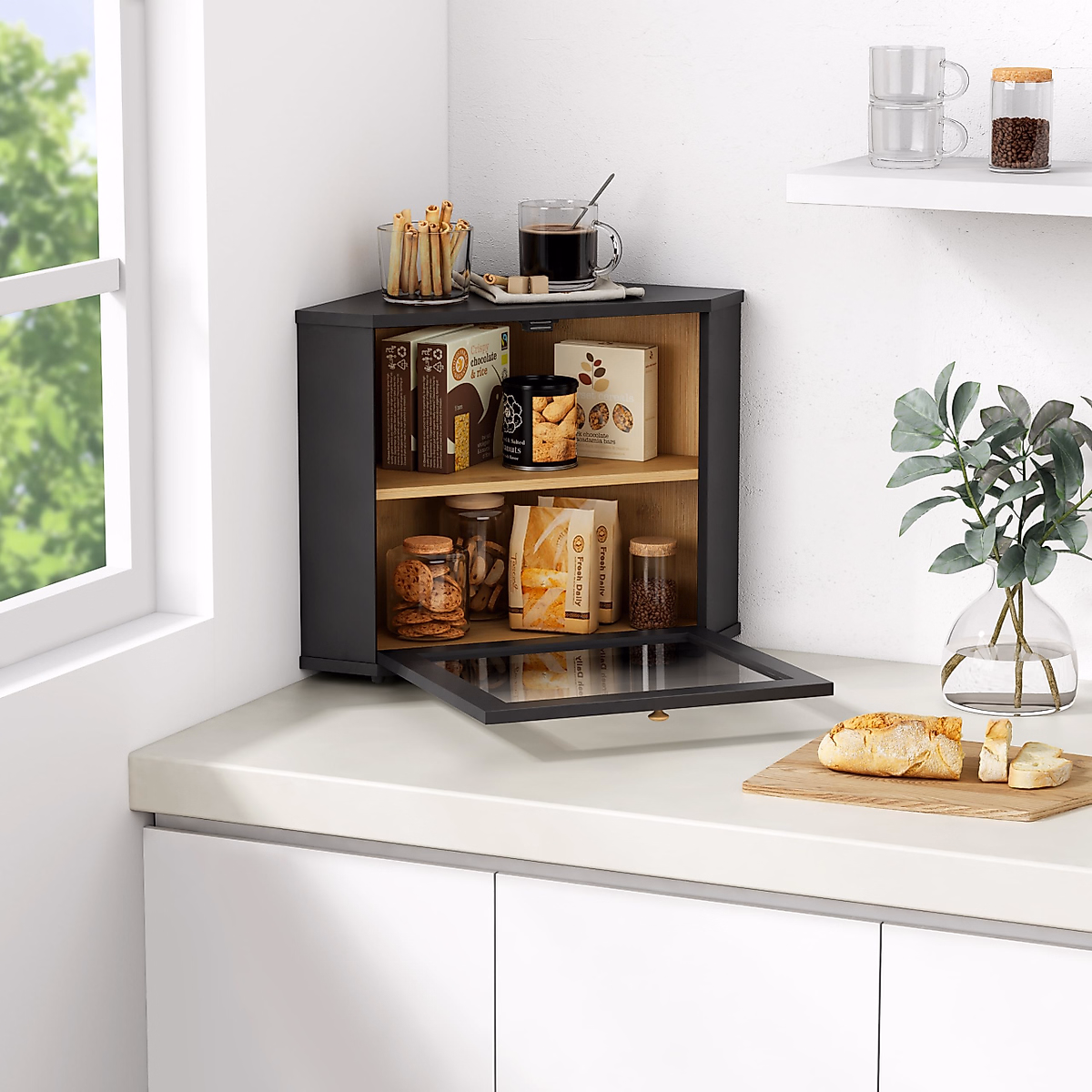 Goozii Corner Bread Box for Kitchen Countertop, Black Bread Storage Container for Homemade Bread, Two Layer Breadbox under Cabinet Mount, Large Bread Holder for Kitchen Counter, Panry Shelf