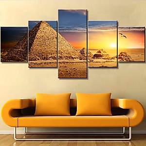 Canvas Wall Art Ancient Pyramids in Sand Pictures Sundow Yellow Scenery Artwork 5 Panel Prints Paintings for Living Room Giclee Modern Home Decor Wooden Framed Stretched Ready to Hang(50''Wx24''H)