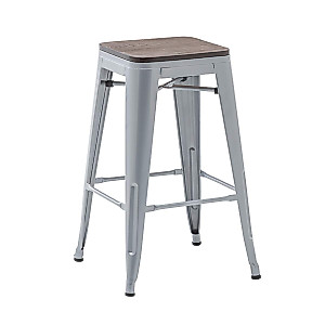 Alunaune 24" Metal Counter Height Bar Stools Set of 4 Industrial Backless Kitchen Patio Counter Stool Stackable Barstools Wood Top- 24inch, Silver