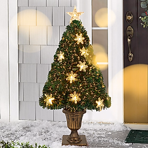 Juegoal 3 FT Pre-Lit Artificial Christmas Tree, 2 Pack Lighted Optical Fiber Entrance Tree in Gold Urn Base with Lights, 8 Lighting Modes, 110 Branch Tips Front Door Porch Entryway Holiday Home Decor
