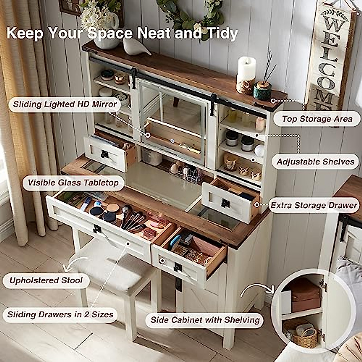 T4TREAM Farmhouse Makeup Vanity Desk with Sliding Mirror and Lights, 42'' Glass Tabletop Vanity Table with 2 Drawers & Shelves, Rustic Big Vanity Set for Bedroom, Stool Included, Antique White