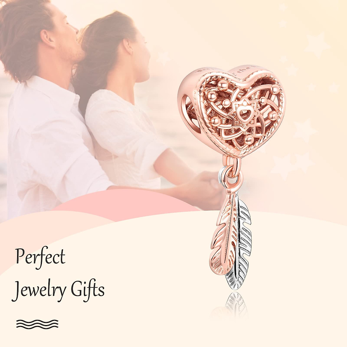 Annmors 925 Sterling Silver Charms for Bracelets and Necklaces Openwork Heart&Two Feathers Dreamcatcher Charms Jewelry Gift for Women