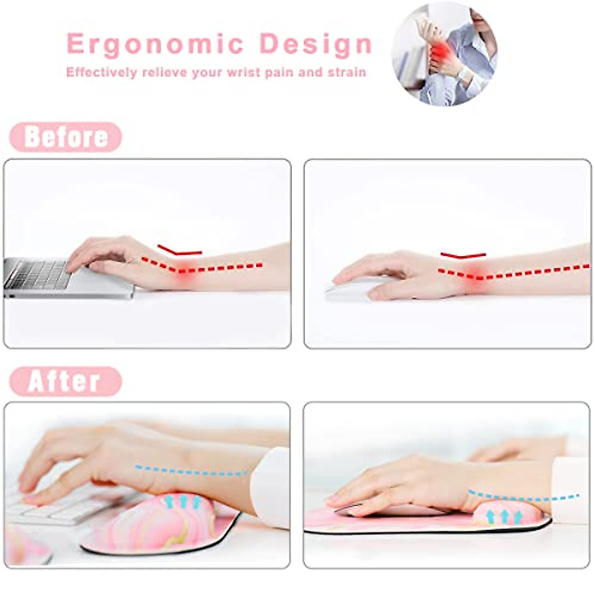 Memory Foam Ergonomic Keyboard Wrist Rest Pad and Mouse Wrist Rest Support Mouse Pad Set for Office Gaming Easy Typing-Pink Fluid
