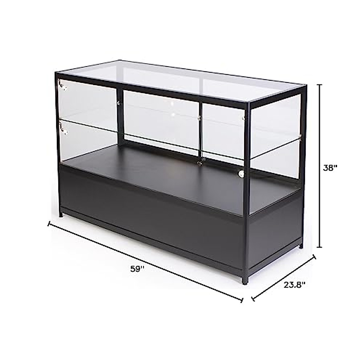 Displays2go 60 Inch Glass Showcase, Hidden Storage, LED Lights, Lockable Sliding Door - Black (IAPHV60LED)