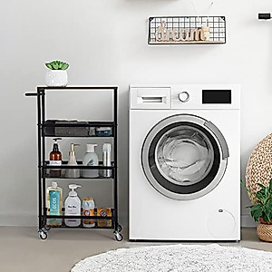 4 Tier Slim Rolling Cart, Narrow Shelf Storage Cart for Small Space, Slide Out Narrow Cart with Wooden Top, Metal Handle and Wire Mesh for Narrow Space on Kitchen, Bathroom, Laundry Room, Black.