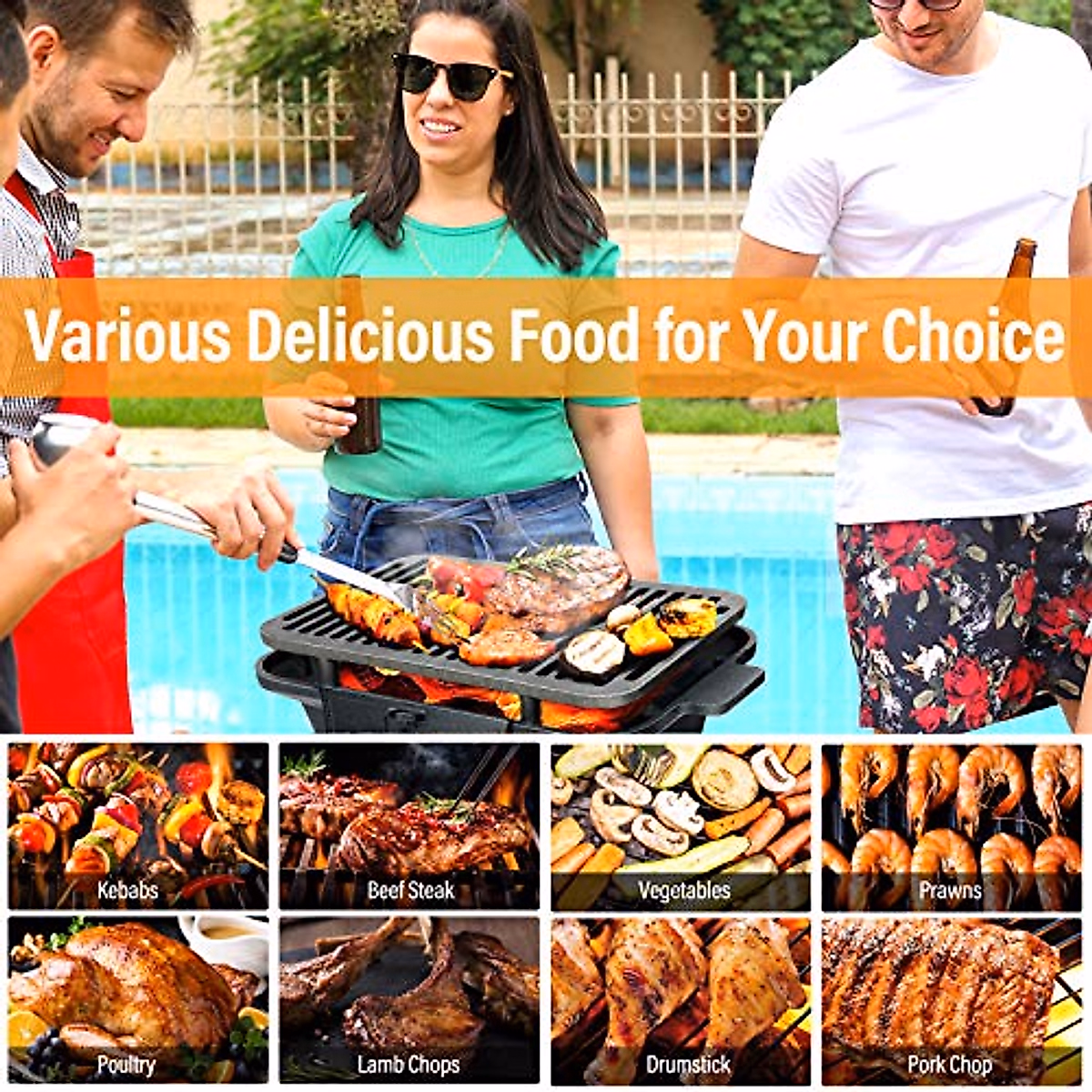 ORALNER Cast Iron Hibachi Grill, Portable Tabletop Grill with Double-Sided Grill Net, 2 Heights, Air Control & Coal Door, Small Outdoor BBQ Charcoal Grills, for Camping, Picnic