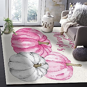 Pink White Pumpkin Area Runner Rug Carpet 3'x5',Outdoor Indoor Kitchen Living Room Bathroom Bedroom Classroom Washable Bath Rug,Doormat Desk Welcome Floor Door Mat,Thanksgiving Harvest Festival Fall