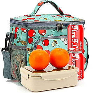 FlowFly Insulated Reusable Lunch Bag Adult Large Lunch Box for Women and Men with Adjustable Shoulder Strap,Front Zipper Pocket and Dual Large Mesh Side Pockets,Cherry