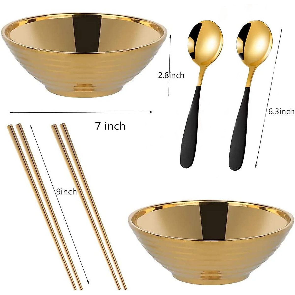 Ramen Noodle Soup Bowl,2 Sets Double Layer 304 Stainless Steel Bowl(7.1inch), with Matching Spoon and Chopsticks(Gold)