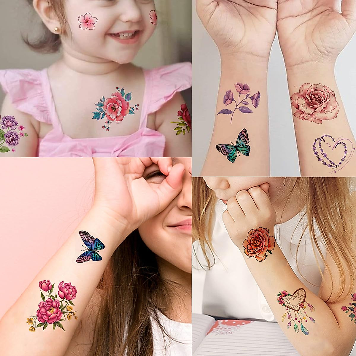 Tazimi 40 Sheets Flower Temporary Tattoos for Girl Kids -Rose Peony Lavender Butterfly Dragonfly Hydrangea Flower Collection Face Arm Body Tattoo Sticker Watercolor Flower Tattoos for Child Birthday Party Favors Supplies Gifts Decorations