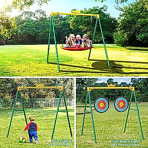 Yohood Swing Sets for Backyard, 440lbs Outdoor Swing Set for Kids, Heavy-Duty Metal Swing Frame and Flying Saucer Swing for Playground,Park,Backyard (Green)