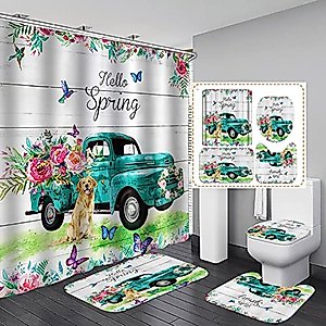 Jayden Madge 4PCS Teal Farm Truck Shower Curtain Set, Watercolor Floral Leaf Pink Peony Butterfly Hummingbird Country Turquoise Vintage Car Rustic Farmhouse Bathroom Decor, Non-slip Bath Mat, Cute Dog