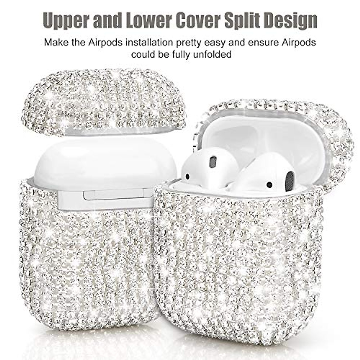 Gdrtwwh Diamond Airpods Case Cover Protective Airpods Charging Cases Hard Carrying Case Accessories for Apple Airpods 2 & 1 (Silver)