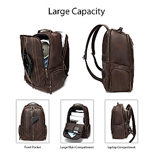 Hespary Full Grain Leather Travel Laptop Backpack For Man 17.3 inch Business Carry On Casual Daypack