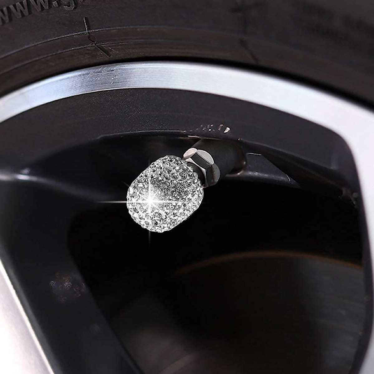 4 Pack Bling Valve Stem Caps, Sparkling White Handmade Crystal Rhinestone Car Tire Valve Caps Bling Car Valve Stem Covers Chrome Attractive Dustproof