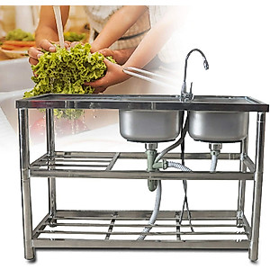 Commercial Restaurant Sink,Stainless Steel Utility Sink Free-standing Kitchen Sink,Double Bowl Kitchen Sinks with Strainer,304 Stainless Steel Freestanding Kitchen Sink
