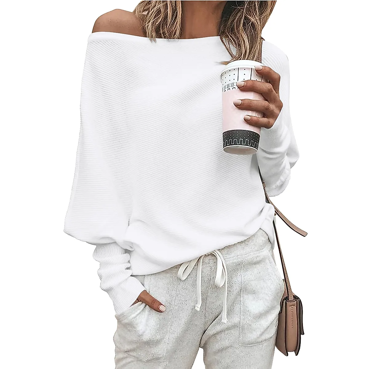 Zenlonr Women's Fall Sweaters 2025 Casual Long Batwing Sleeve Loose Off Shoulder Knit Pullovers Jumper Tops(White,Medium)