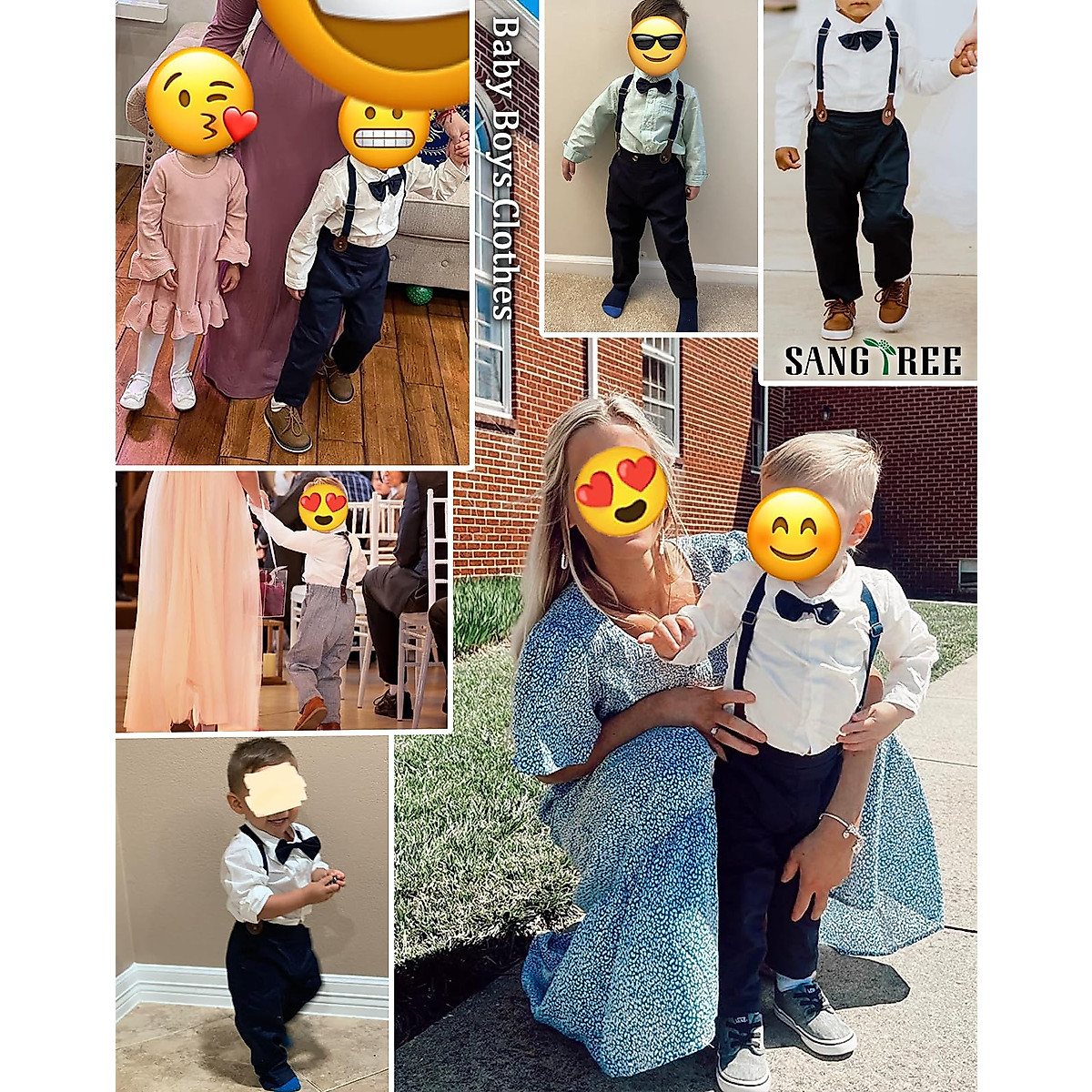 SANGTREE Baby Boys Dress Clothes, Toddlers Boys Long Sleeves Button Down Dress Shirt with Bowtie + Suspender Pants Set Gentlemen Outfit, 1# White, 18-24 Months