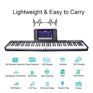 FVEREY Folding Piano Keyboard, 88 Key Semi Weighted Keyboards Electric Piano, Full Size Keyboard Portable Digital Piano with Sustain Pedal, Handbag, Bluetooth, USB MIDI for Beginner, Adult