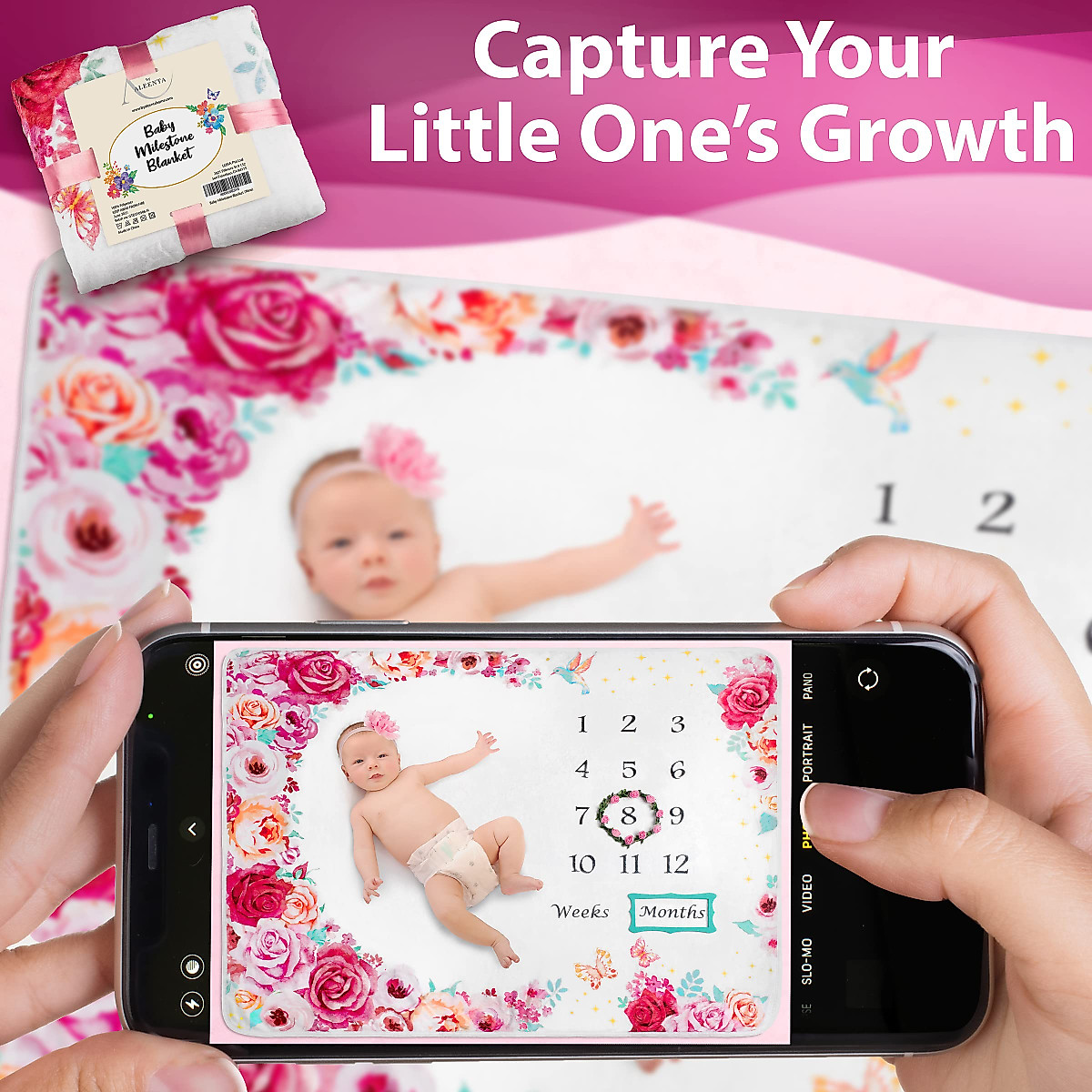 by ALEENTA Month Blanket for Baby Girl, Baby Milestone Blanket Girl with Flowers and Butterflies, Pink Baby