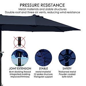 15ft Rectangle Patio Umbrella, Double-Sided Outdoor Market Umbrella with Crank Handle and Base for Pool, Garden, Backyard, Lawn (NevyBlue W/O SolarLights)