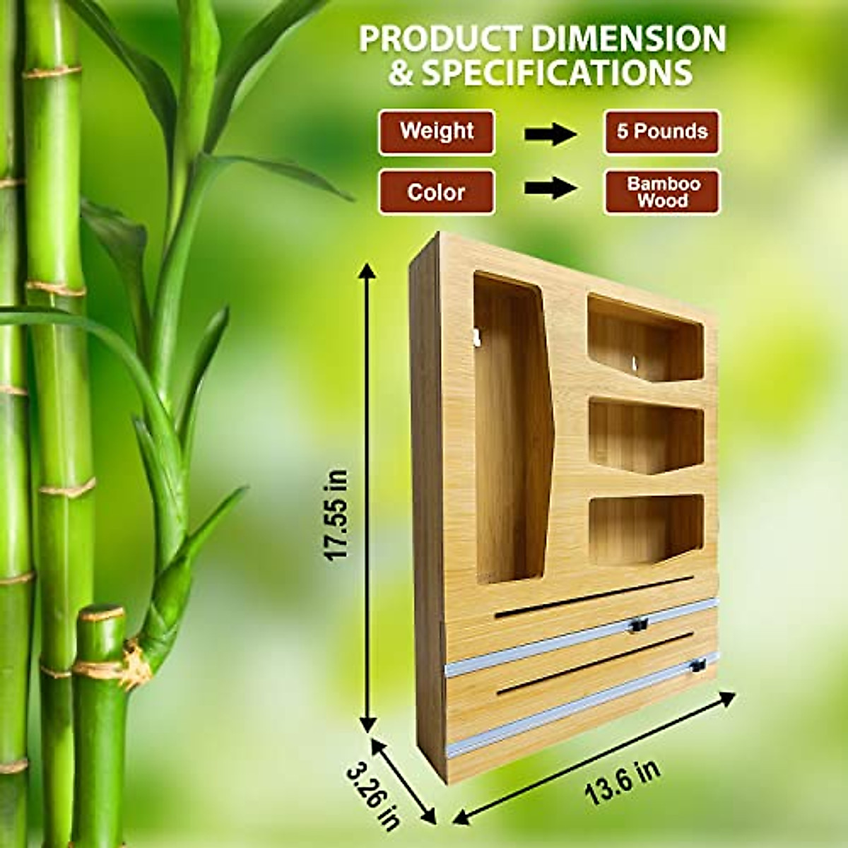 : Ziplock Bag Organizer Storage Cabinet - Foil and Plastic Wrap Organizer with Cutter for Kitchen Organization - Bamboo 6-in-1 Plastic Wrap Dispenser Suitable for, Foil, Gallon, Quart, Sandwich Bags