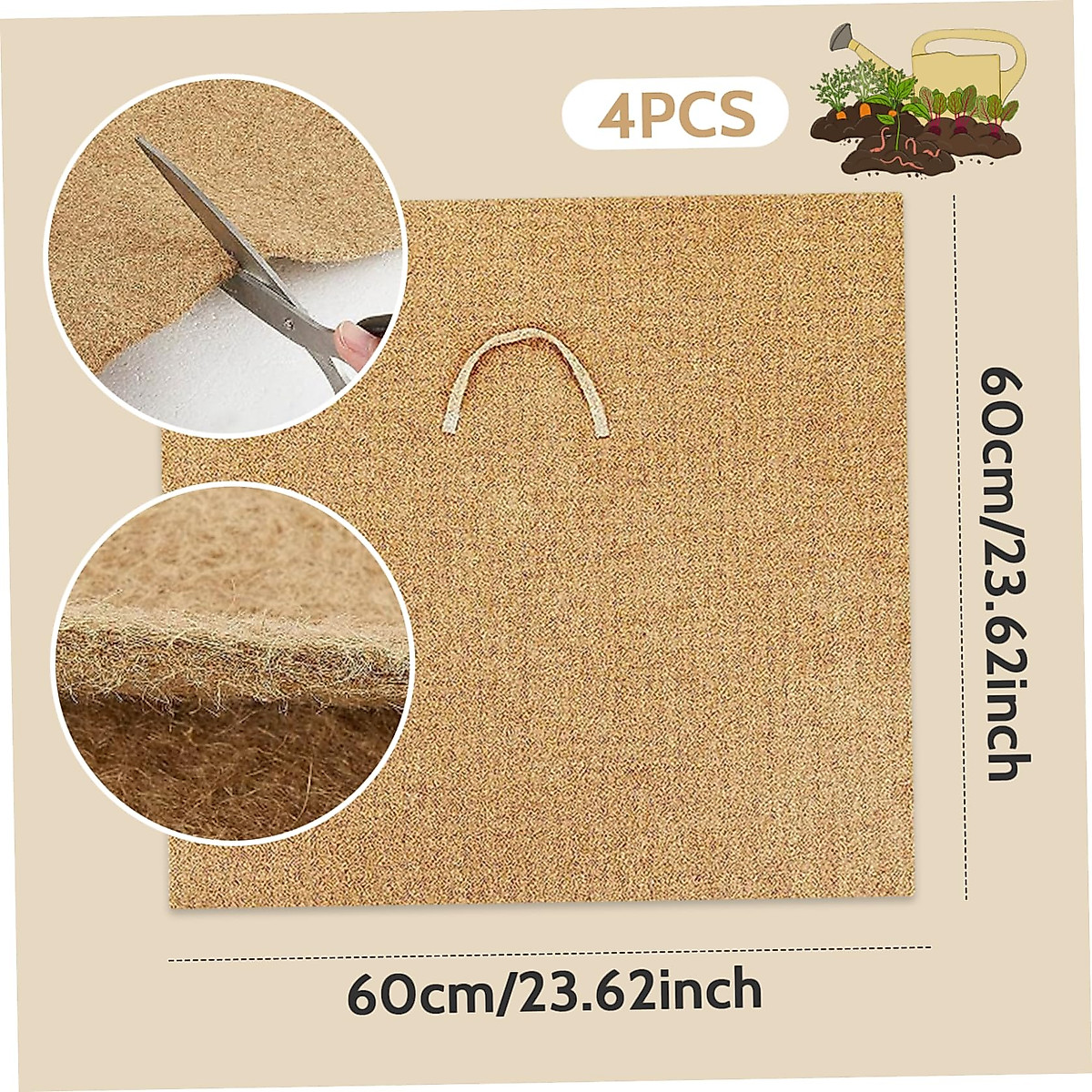 Peosaard Worm Blanket 4Pcs 24x24in Jute Fiber Easy Cutting Worm Bin Blanket for Composting with Pull Ring Foldable Worm Blankets for Worm Farm Worm Composting Bin, Worms for Composting