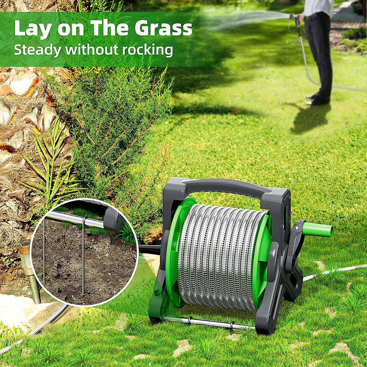 SPECILITE Wall Mount Garden Water Hose Reel with 75ft 304 Stainless Steel Metal Pipe and Nozzle for Outside, Yard, Patio,Space-Saving Design, Easy Storage, Green