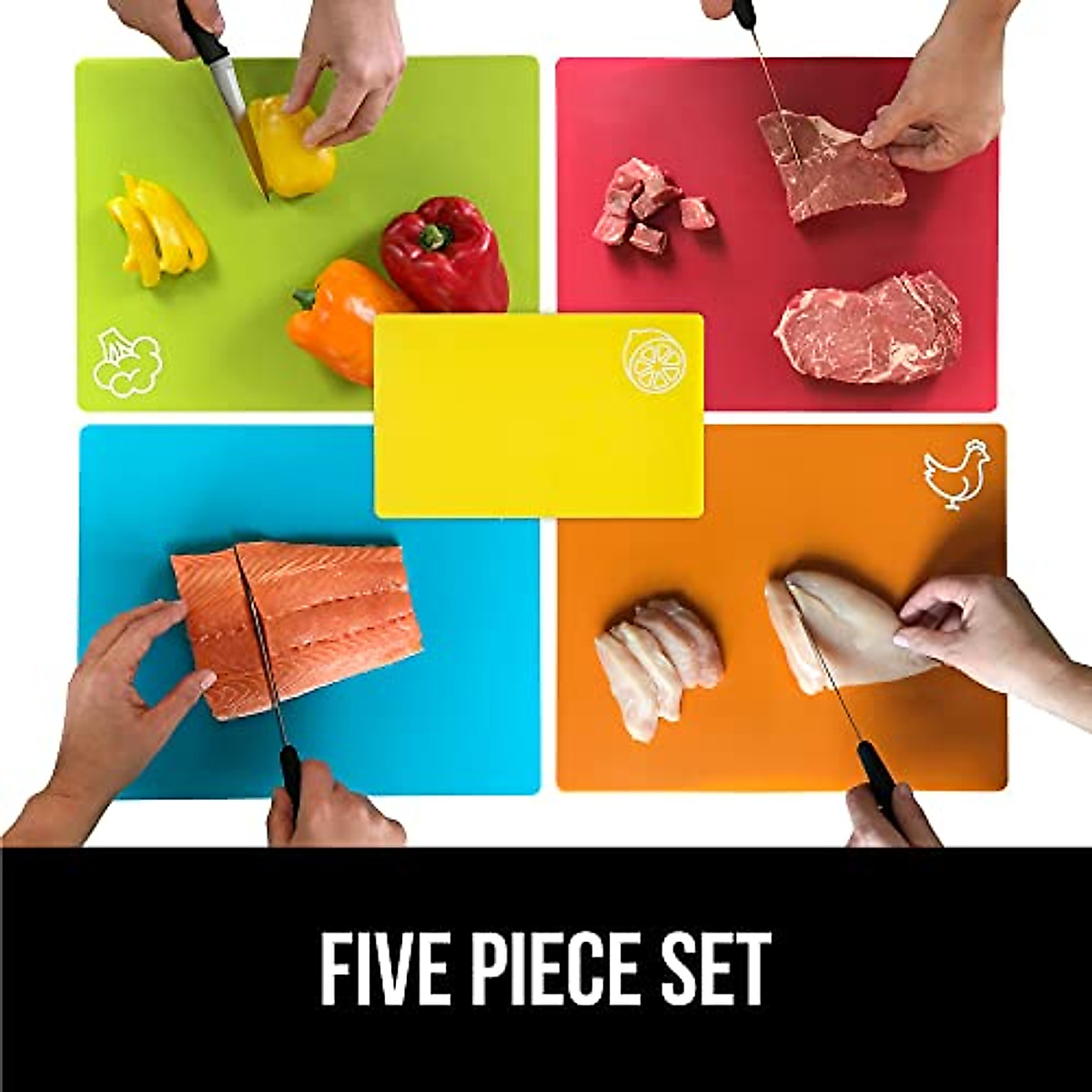 Gorilla Grip Cutting Boards for Kitchen, Set of 5 Durable Mats with Food Icons, Flexible Dishwasher Safe Plastic, Slip Resistant BPA Free Large Mat for Meat, Fish, Vegetables, Chopping Board, Multi