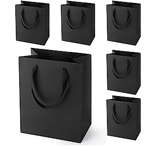 Black Gift Bags With Handles: 8x5x10 Inch 6pcs Black Paper Gags Medium Bulk For Party Shopping Birthday Wedding
