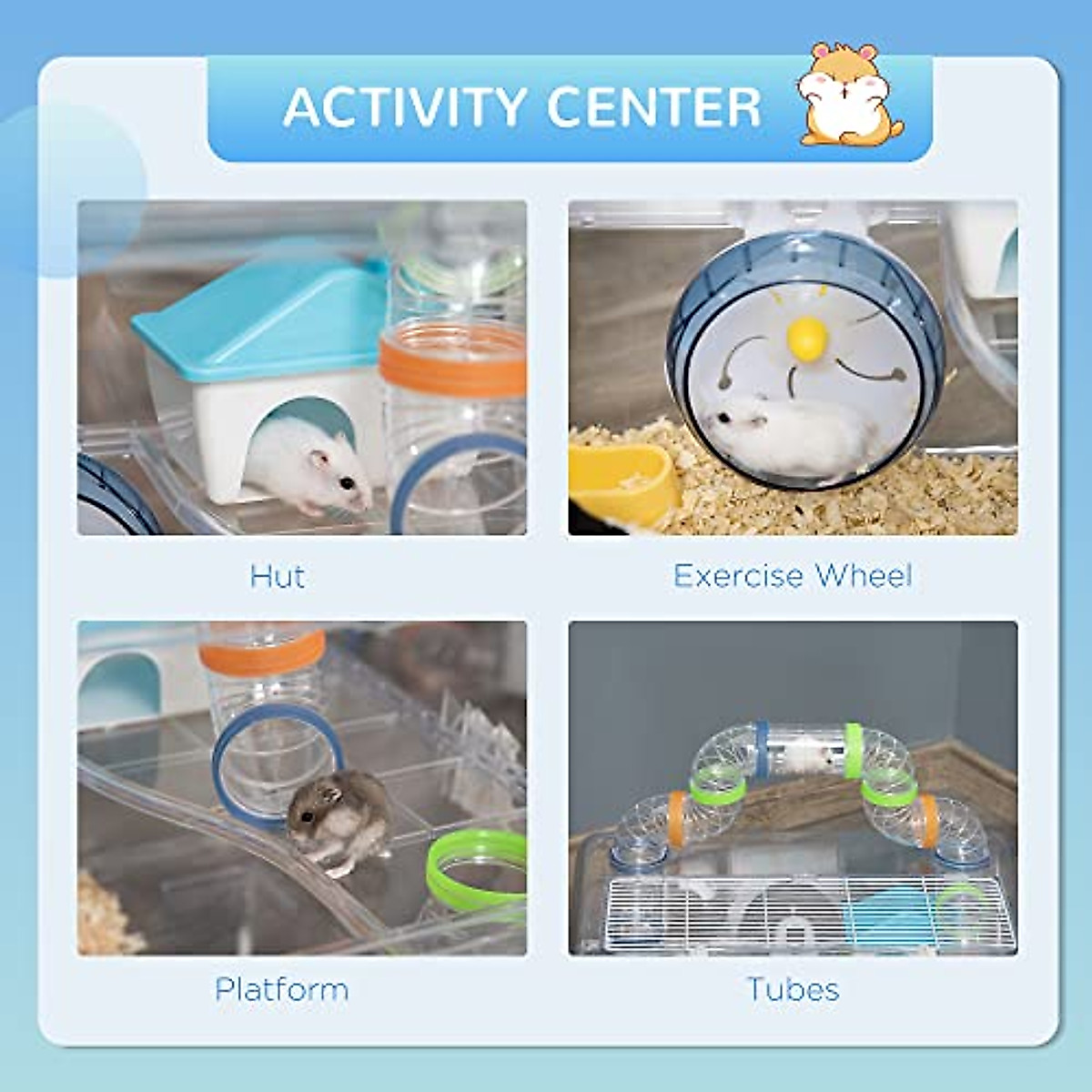 PawHut Hamster Cage, 2-Level Rat House Mouse Habitat with Accessories Tube Tunnels, Exercise Wheel, Water Bottle, Food Dish, Hut, 22" x 15" x 12.5", Transparent