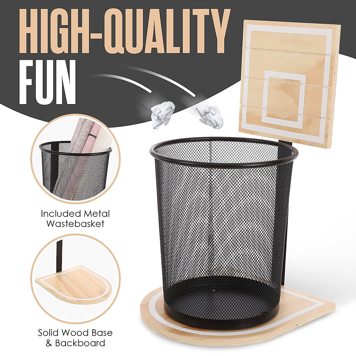 Houseables Basketball Trash Can, Basketball Hoop Trash Can, Basketball Garbage Can, 19”x10”, Brown, Wood, Basketball Hoop Basket, Basketball Net Trash Can, Basketball Wastebasket, Basketball Trashcan