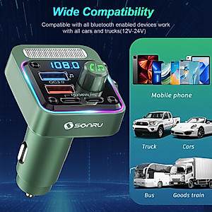 Bluetooth 5.3 FM Transmitter Car Adapter - SONRU Car Charger 54W [PD 36W & QC3.0 18W], Wireless FM Radio Transmitter [HiFi Treble & Bass Player], 5 Colors LED Backlit, Hands-Free Calling, U-Disk